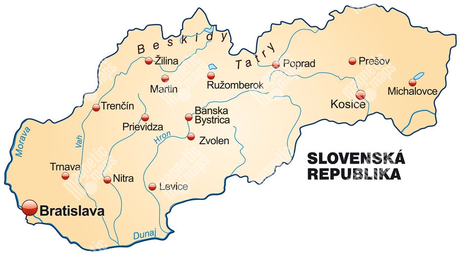 Magnetická mapa Slovenska, politická, s popisom