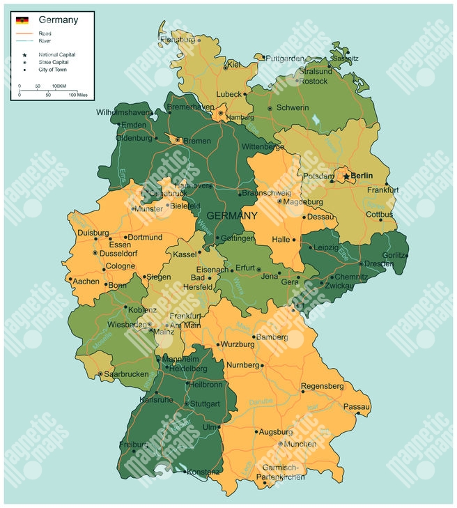 Magnetická mapa Nemecka, politická, zeleno-žltá