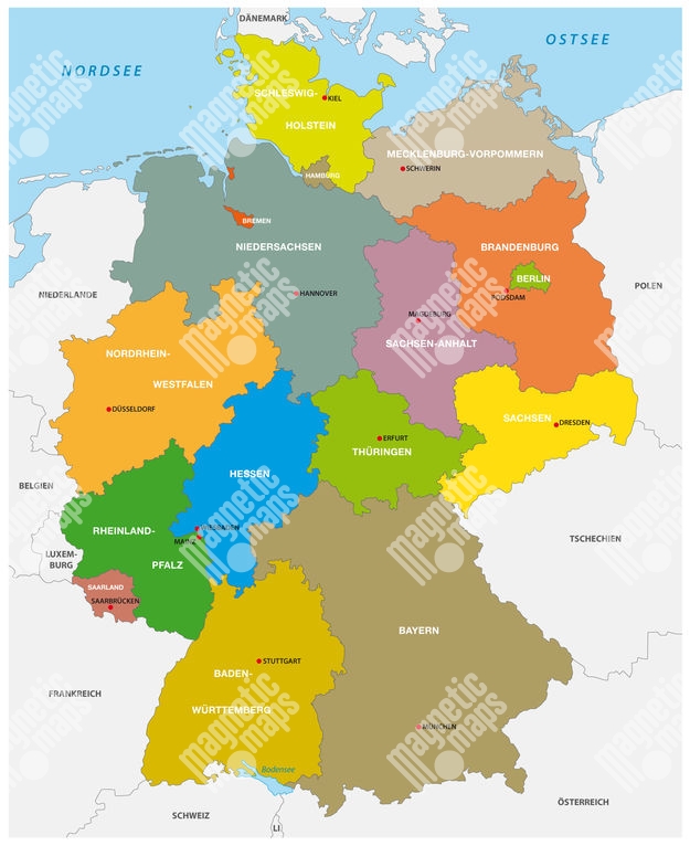 Magnetická mapa Nemecka, administratívna, farebná