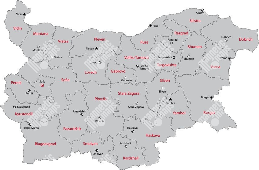 Magnetická mapa Bulharska, administratívna, šedá