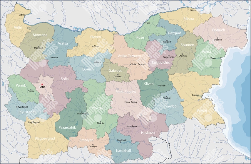 Magnetická mapa Bulharska, administratívna, farebná