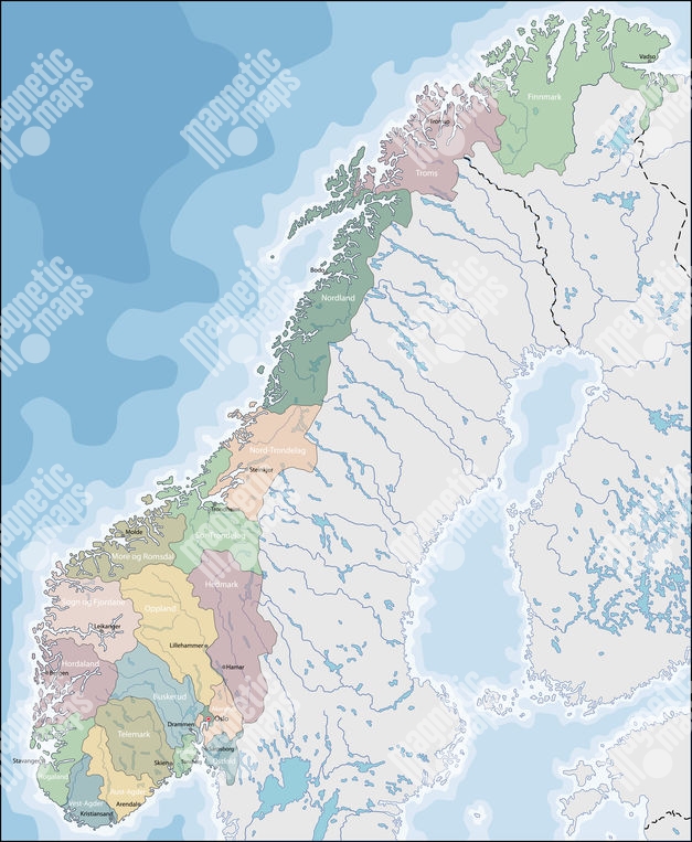 Magnetická mapa Nórska, administratívna, farebná