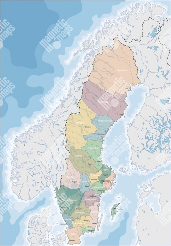Magnetická mapa Švédska, administratívna, farebná