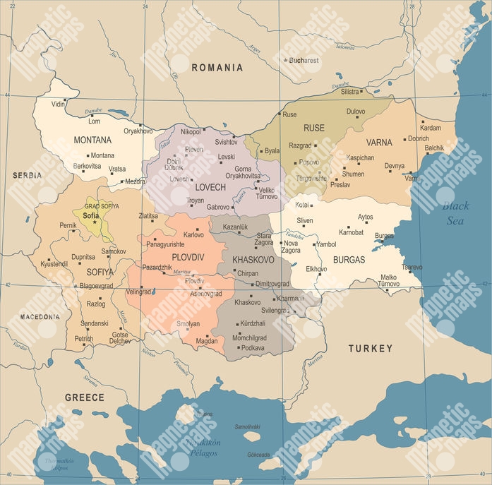 Magnetická mapa Bulharska, detailná, farebná