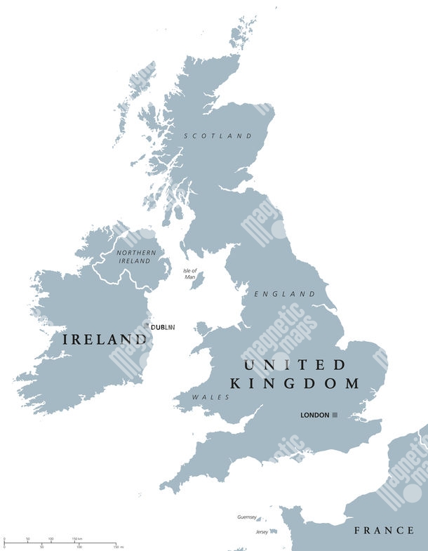 Magnetická mapa Veľkej Británie, ilustrovaná, šedá
