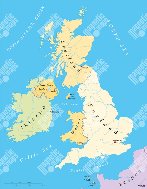 Magnetická mapa Veľkej Británie, ilustrovaná, farebná