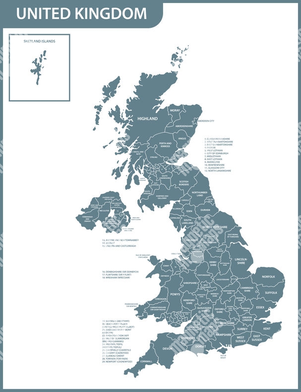 Magnetická mapa Veľkej Británie, administratívna, šedá