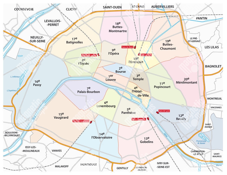 Magnetická mapa Paríža, administratívna, farebná