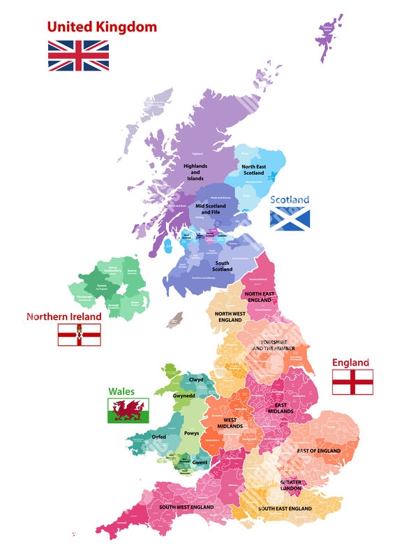 Magnetická mapa Veľkej Británie, administratívna, farebná