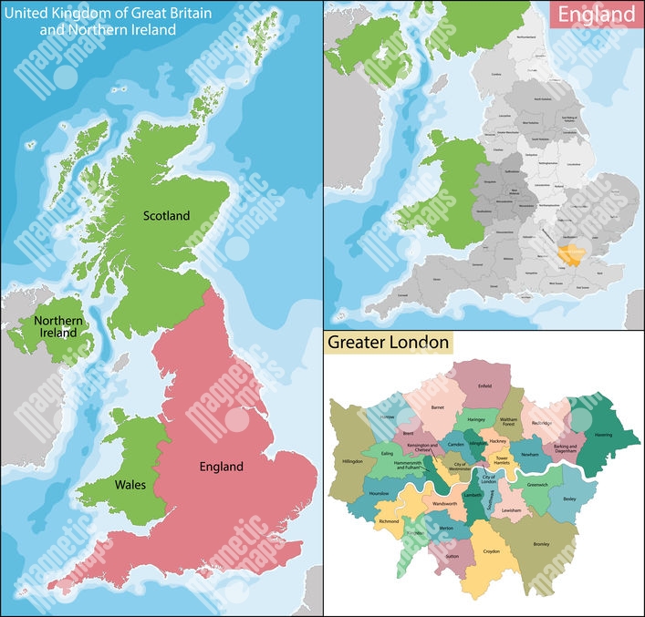 Magnetická mapa Anglicka, ilustrovaná, farebná