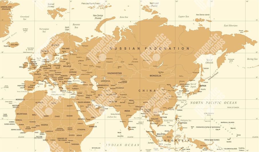 Magnetická mapa Eurázia - Európa a Ázia, ilustrovaná, detailná