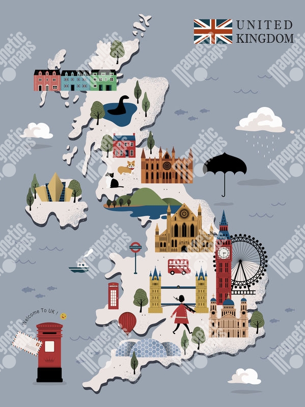 Magnetická mapa Anglicka, ilustrovaná, farebná