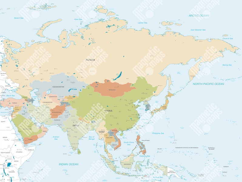 Magnetická mapa Ázie, vektorová, farebná