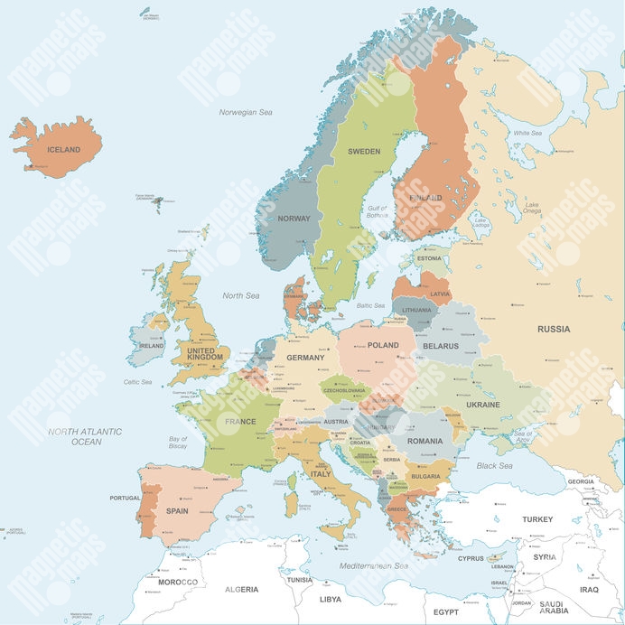 Magnetická mapa Európy, vektorová, farebná