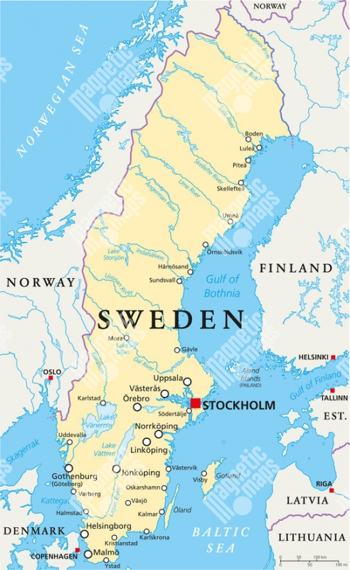 Magnetická mapa Švédska, politická, béžová