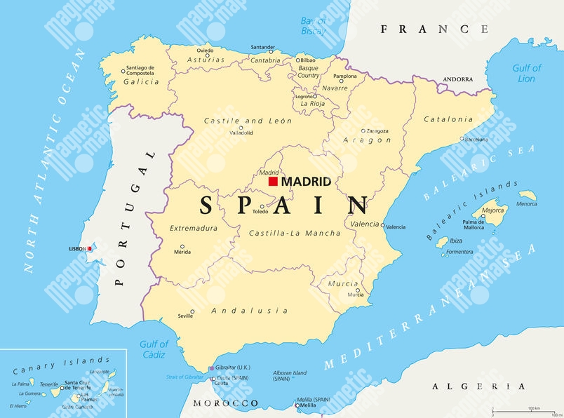 Magnetická mapa Španielska, politická, béžová