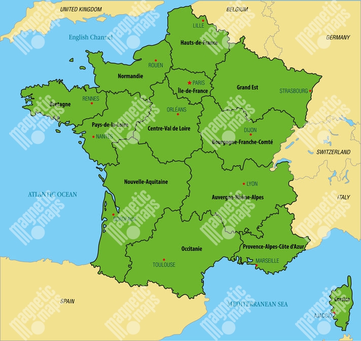 Magnetická mapa Francúzska, politická, zelená