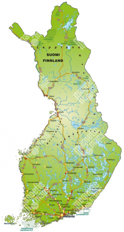 Magnetická mapa Fínska, cesty, detailná
