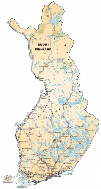 Magnetická mapa Fínska, detailná, žltá
