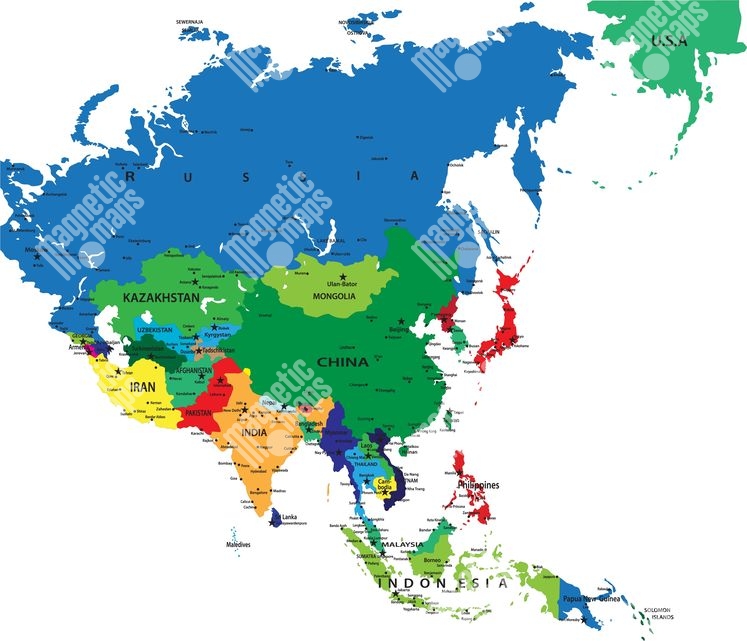 Magnetická mapa Ázie, ilustrovaná, farebná
