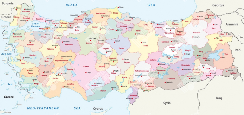 Magnetická mapa turecka, administratívna, farebná