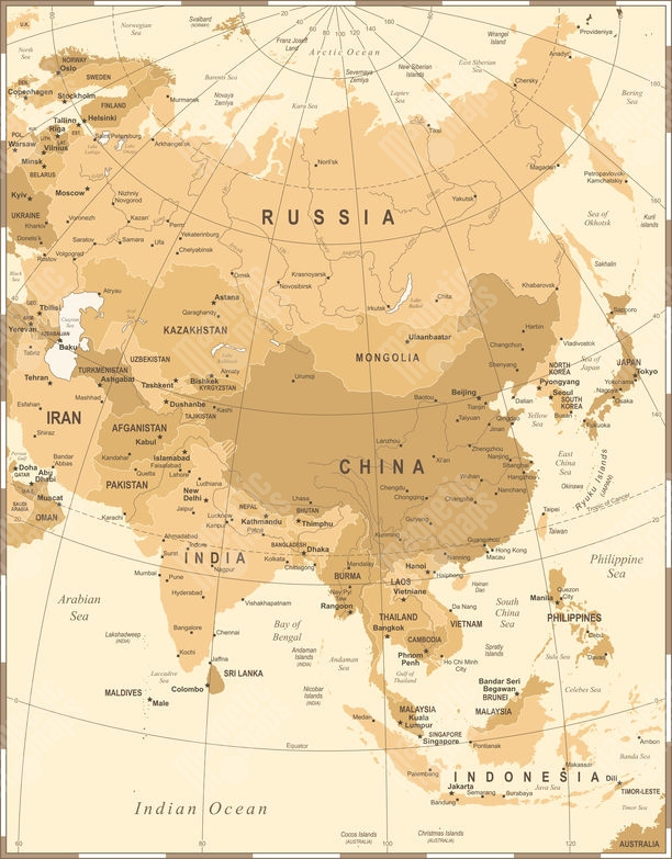 Magnetická mapa Ázie, vintage, béžová