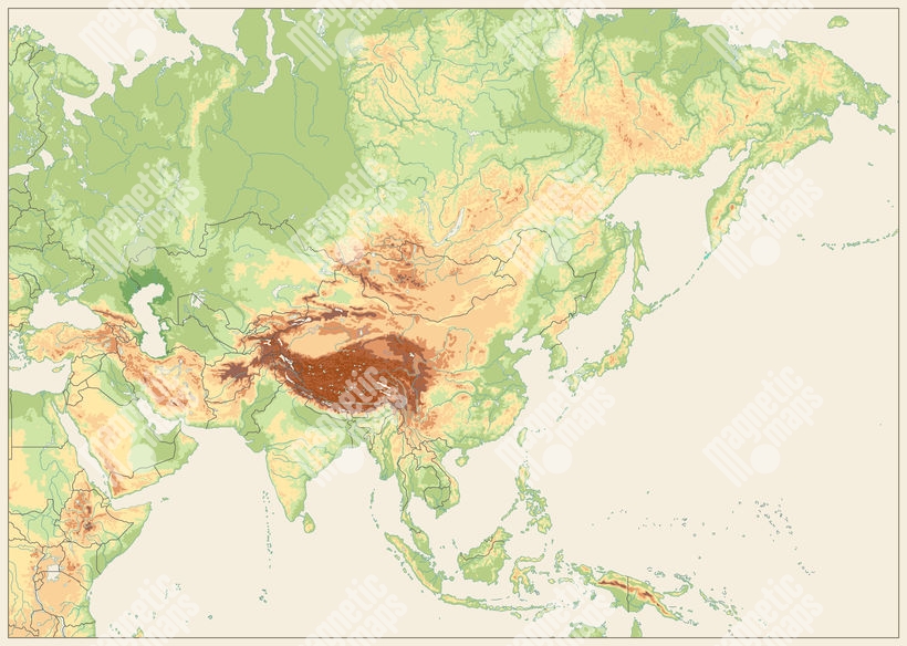 Magnetická mapa Ázie, geografická, bez popiskov