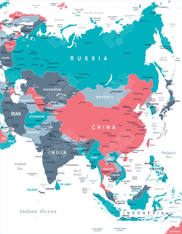 Magnetická mapa Ázie, politická, farebná
