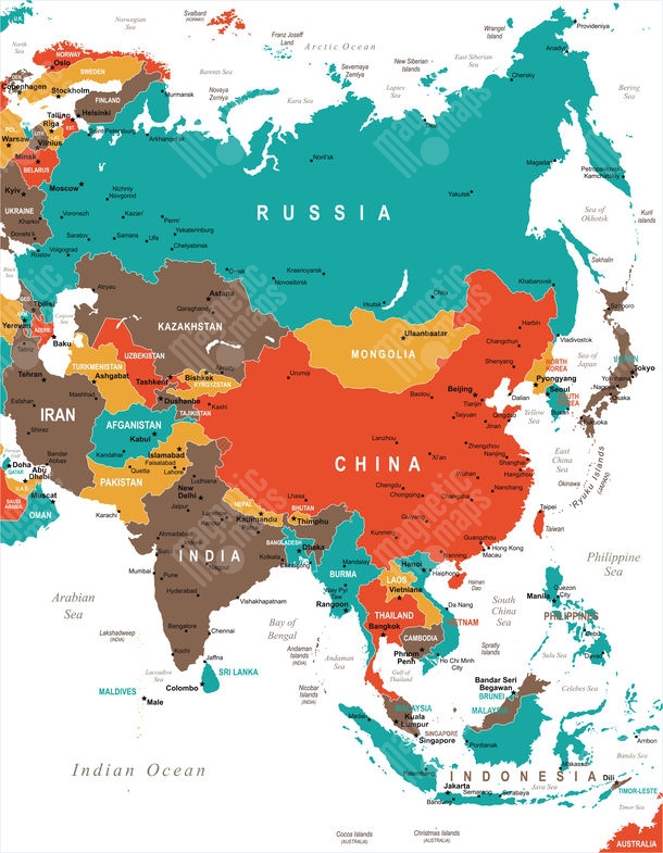 Magnetická mapa Ázie, ilustrovaná, farebná