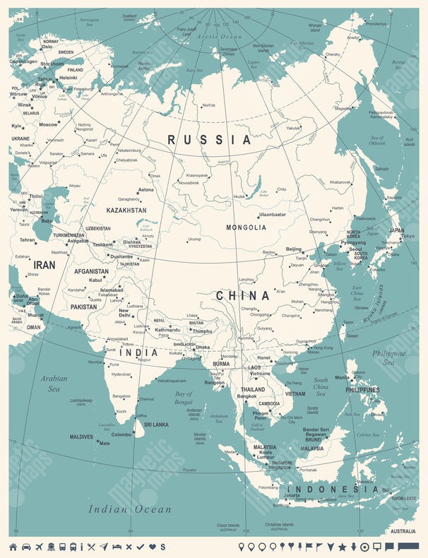 Magnetická mapa Ázie, ilustrovaná, bielo-modrá
