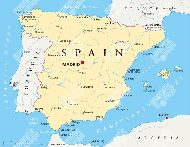 Magnetická mapa Španielska, politická, béžová