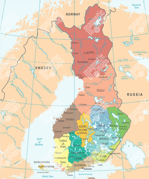 Magnetická mapa Fínska, detailná, farebná