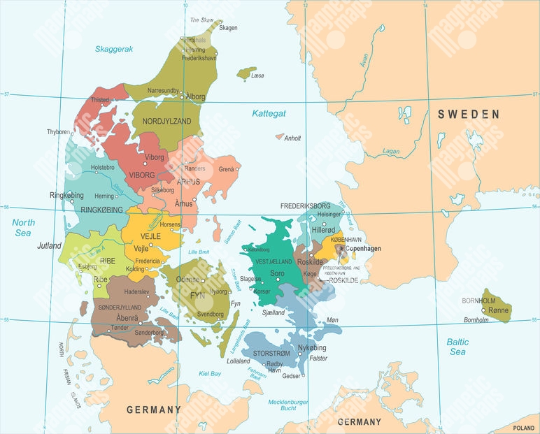 Magnetická mapa Dánska, vektorová, farebná
