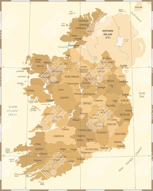 Magnetická mapa Írska, vintage, hnedá