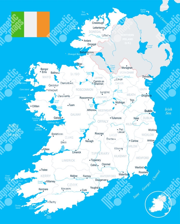 Magnetická mapa Írska, detailná, bielo-modrá