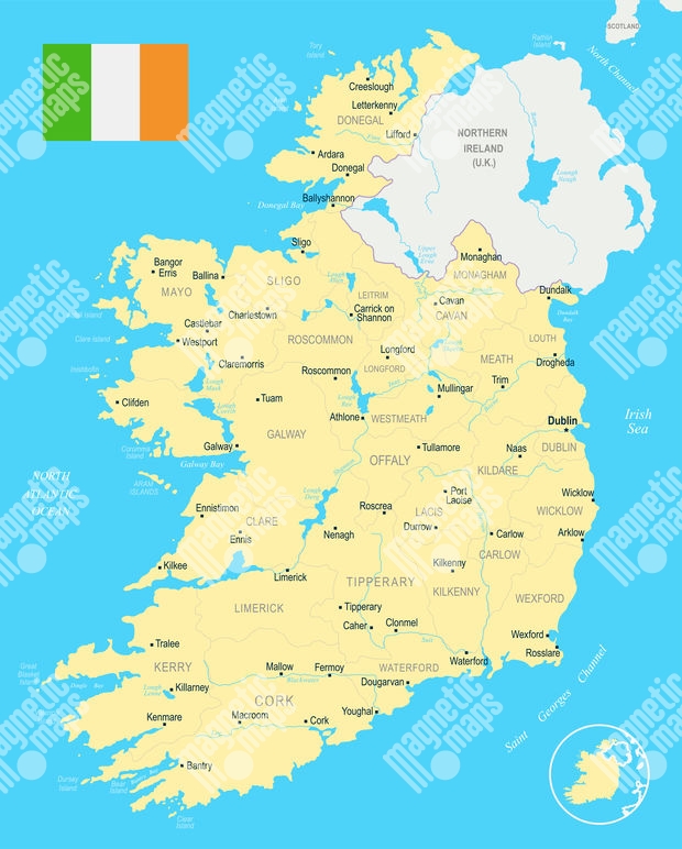 Magnetická mapa Írska, detailná, žlto-modrá