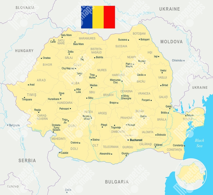 Magnetická mapa Rumunska, detailná, žltá