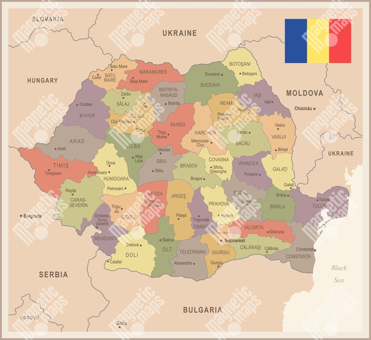 Magnetická mapa Rumunska, vintage, farebná