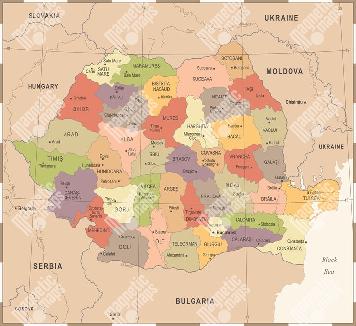 Magnetická mapa Rumunska, vintage, farebná