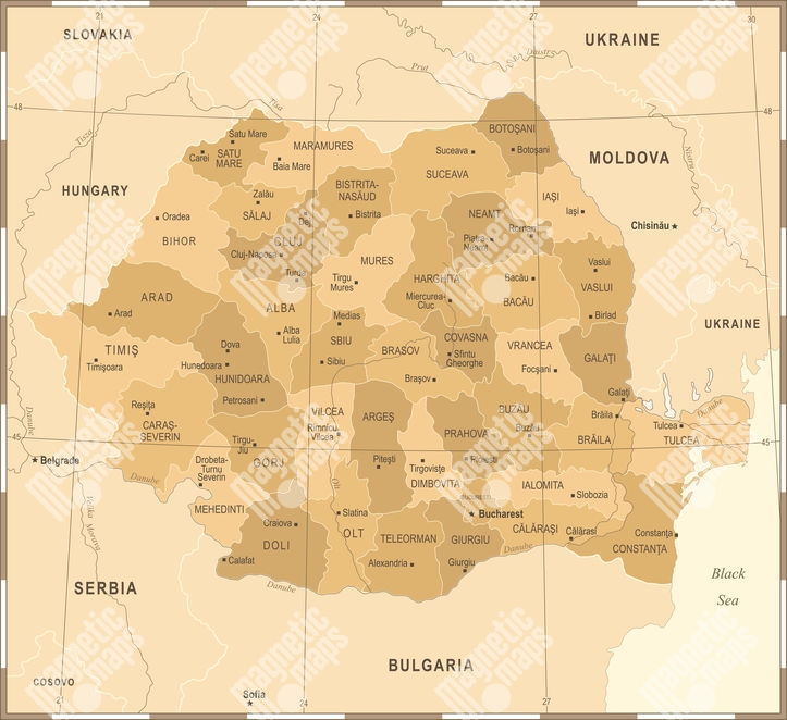 Magnetická mapa Rumunska, vintage, hnedá