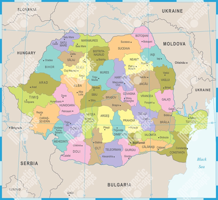 Magnetická mapa Rumunska, vektorová, farebná