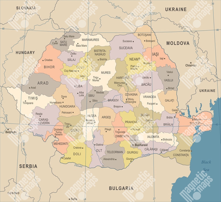 Magnetická mapa Rumunska, vintage, detailná