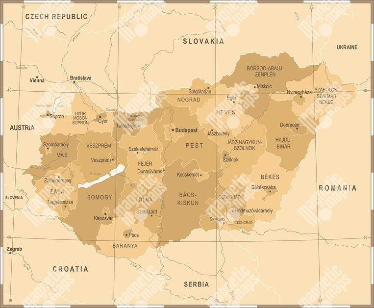 Magnetická mapa Maďarska, vintage, hnedá