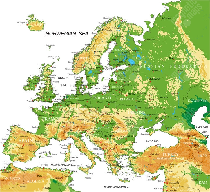 Magnetická mapa Európy, geografická, farebná