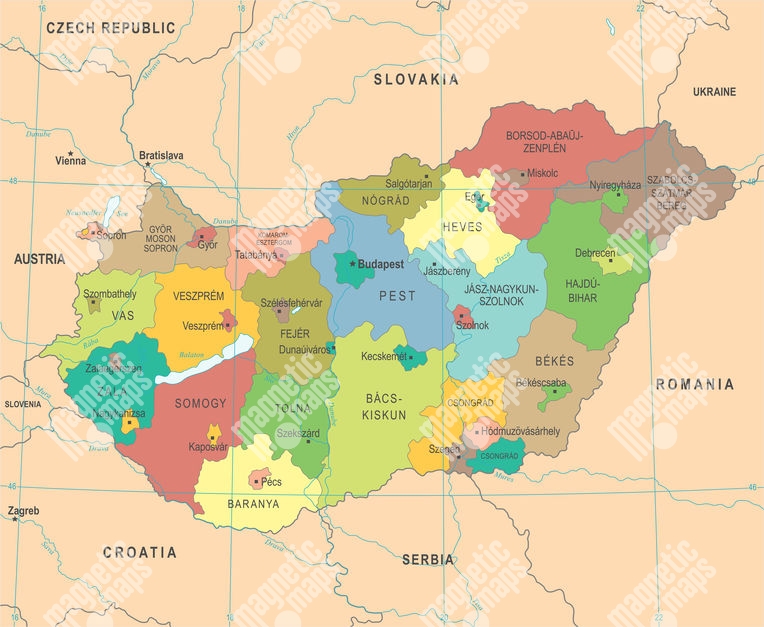 Magnetická mapa Maďarska, vektorová, farebná