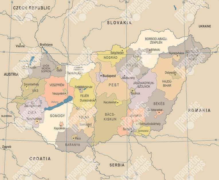 Magnetická mapa Maďarska, detailná, farebná