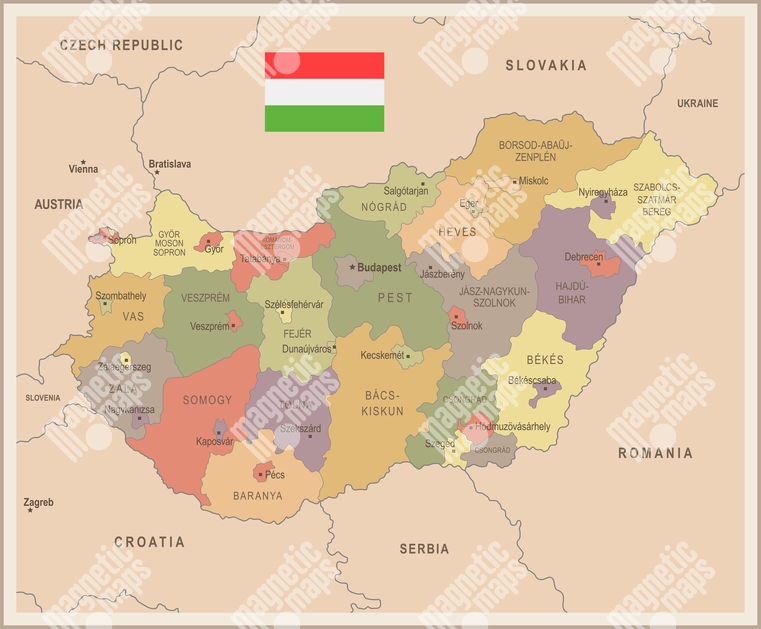 Magnetická mapa Maďarska, vintage, farebná