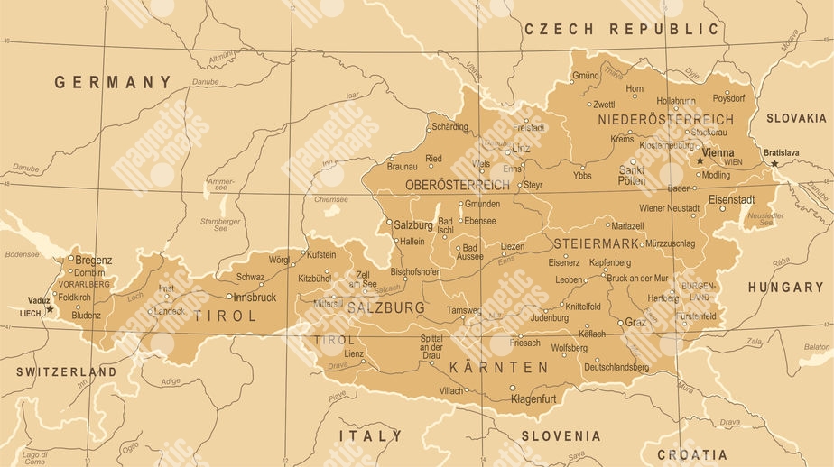 Magnetická mapa Rakúska, ilustrovaná, hnedá