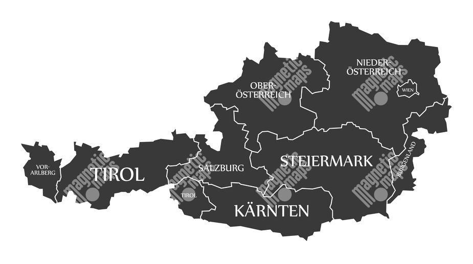Magnetická mapa Rakúska, ilustrovaná, čierna