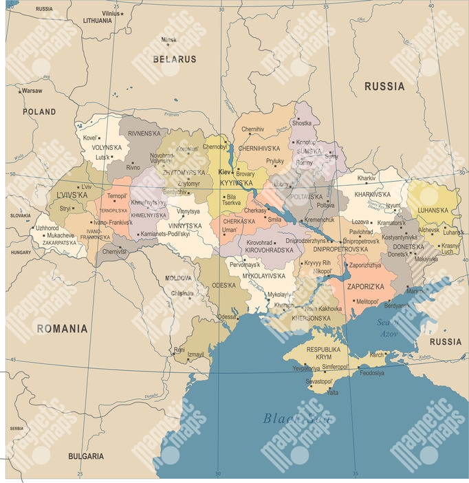 Magnetická mapa Ukrajiny, detailná, farebná